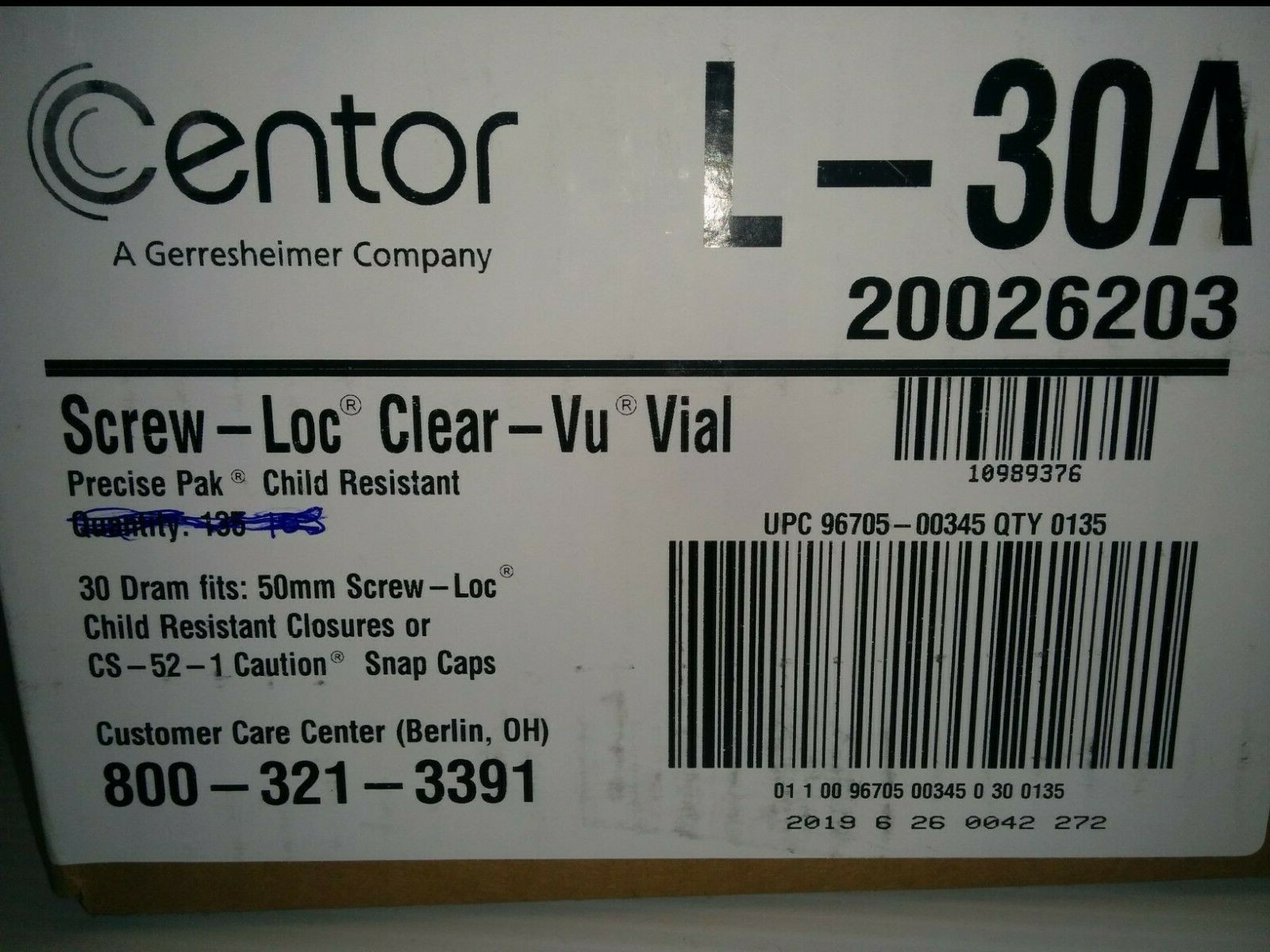 CENTOR L-30A CLEAR-VU SCREW-LOC 30 DRAM VIALS, 50mm SCREW-LOC, LOT OF ...
