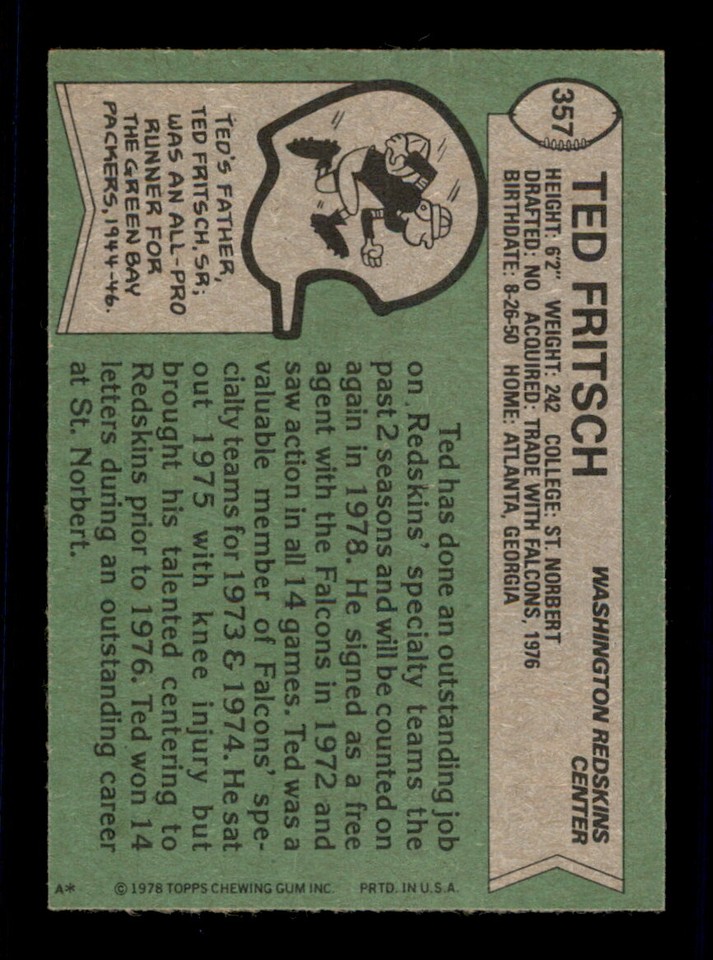 1978 Topps #357 Ted Fritsch Jr. - Crease Free | eBay