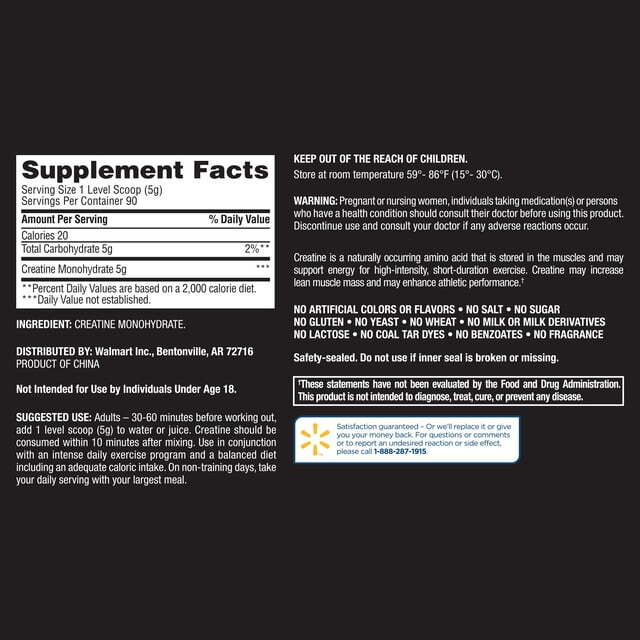 Equate Creatine Monohydrate Dietary Supplement, Unflavored, 5 g, 15.87 ...