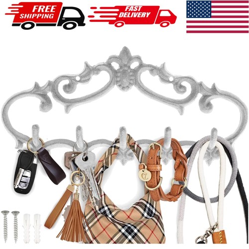 Elegant Cast Iron Wall Hanger with 5 Heavy-Duty Hooks – Rustic White ...