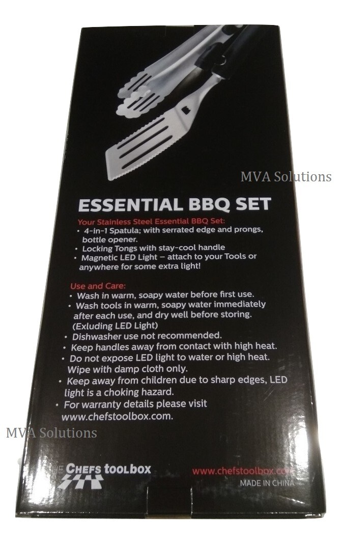 Chefs Toolbox 3x Stainless Steel BBQ Tool Set Spatula Tong & LED Light ...