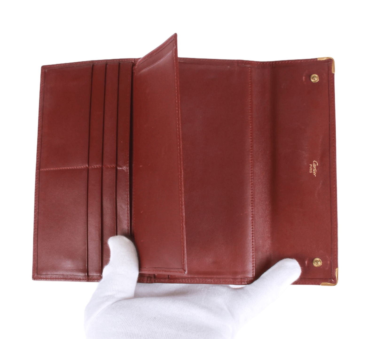 Authentic Must De Cartier Tri-fold french style wallet Bordeaux Leather ...