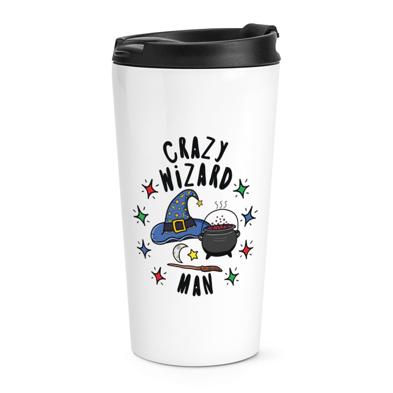 Crazy Wizard Man Stars Travel Mug Cup Funny Joke Magical Spell Thermal ...