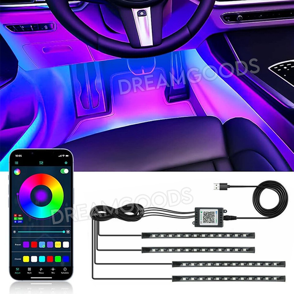 4X12LED RGB Car Interior LED Strip Lights Wireless Remote Control Music ...