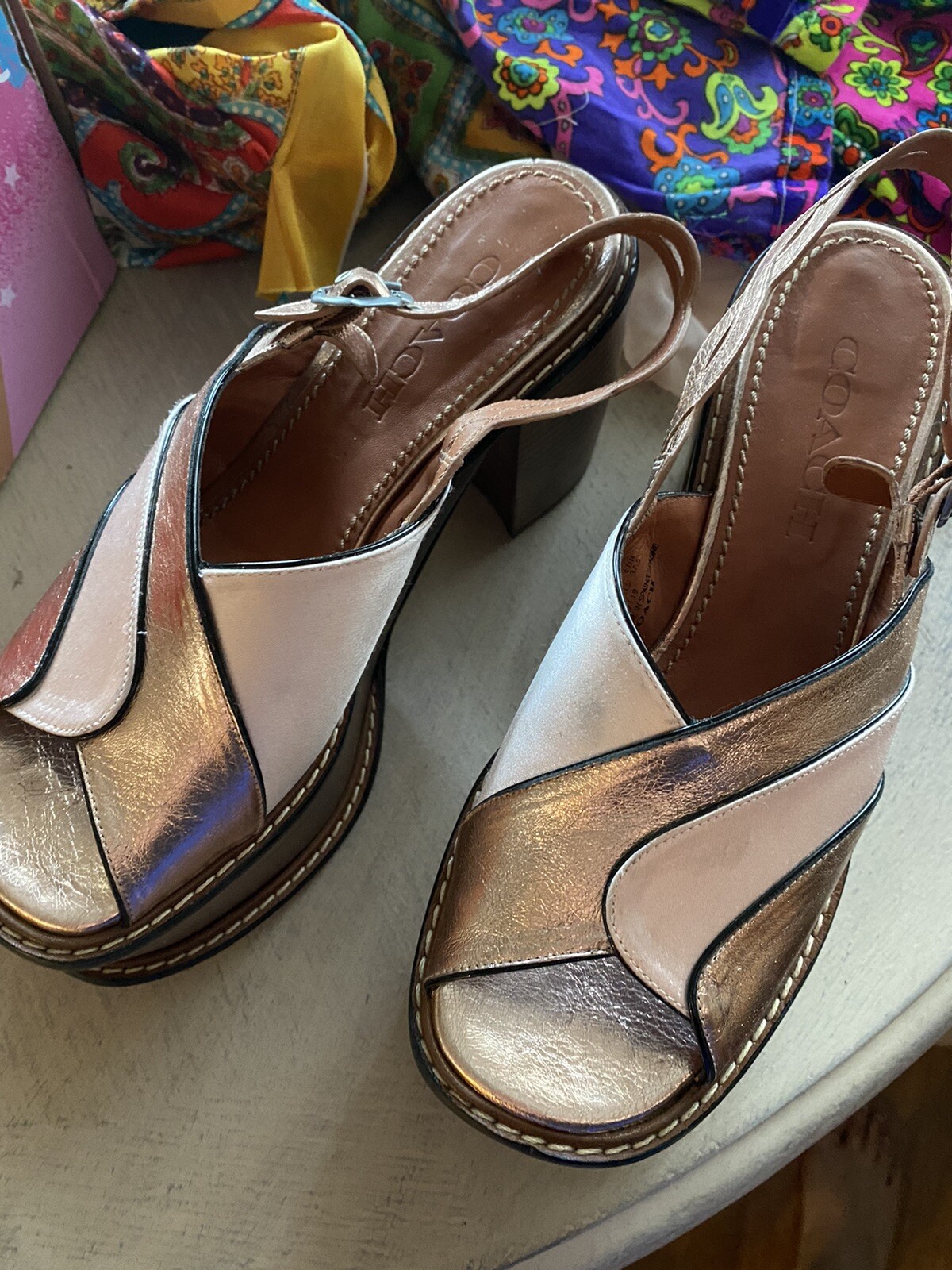 Coach Platform Sandals Heels Black Silver Metallic G2250 WOMENS SIZE 7 ...