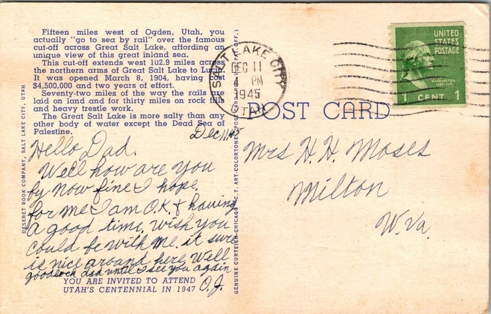 Postcard Streamliner Crossing Great Salt Lake Utah 1945 Linen | eBay