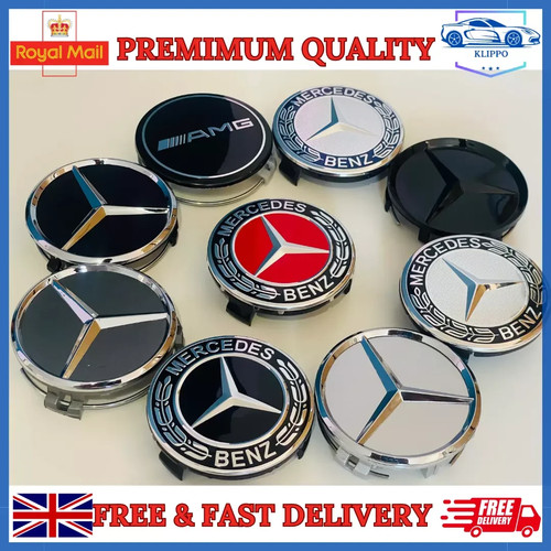 4 x Black Mercedes Benz 75mm Alloy Wheel Centre Caps AMG A B C E S M ...