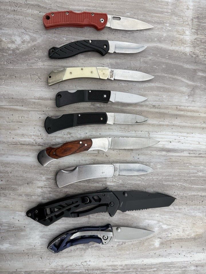 Lot of 9: Single Blade Locking Knives, Buck, Ag Rusell, Case, Kabar ...