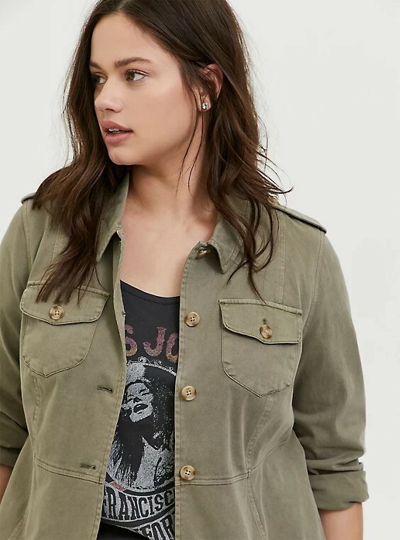 Torrid Womans Plus Size Light Olive Green Twill Peplum Utility Jacket ...