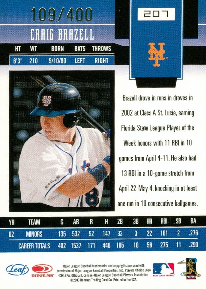 2003 Leaf Certified Materials SP Craig Brazell 207 Mets 109/400 | eBay