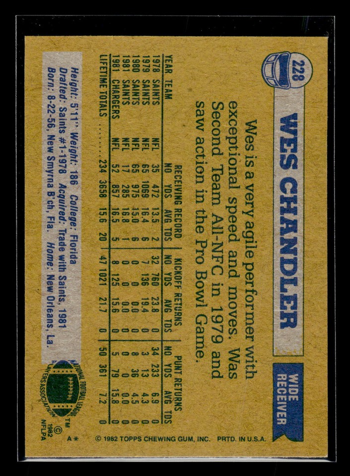 1982 Topps Football #228 Wes Chandler "Set Break" Mint San Diego ...