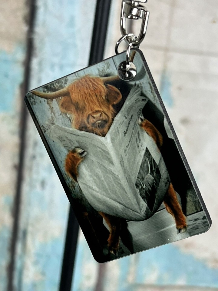 Highland Cow Bull Reading Newspaper Keychain Purse Backpack Accessory ...