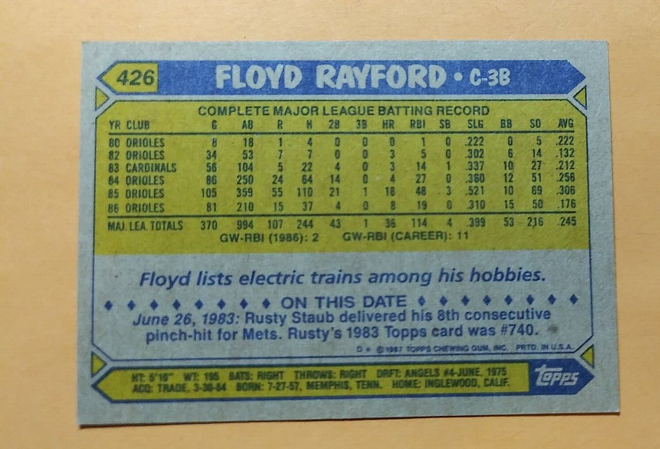 1987 Topps Baseball Card Floyd Rayford Baltimore Orioles #426 | eBay
