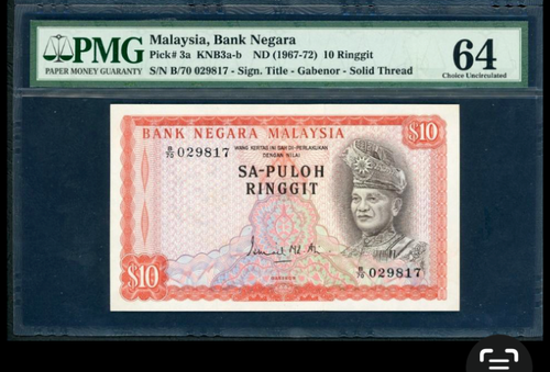 1967(ND)Malaysia 10 Ringgit P-3a "GABENOR" Solid Thread Banknote PMG 64 ...