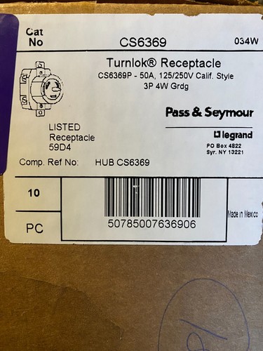 Pass and Seymour CS6369 - 50A 125V/250V Turnlok | eBay