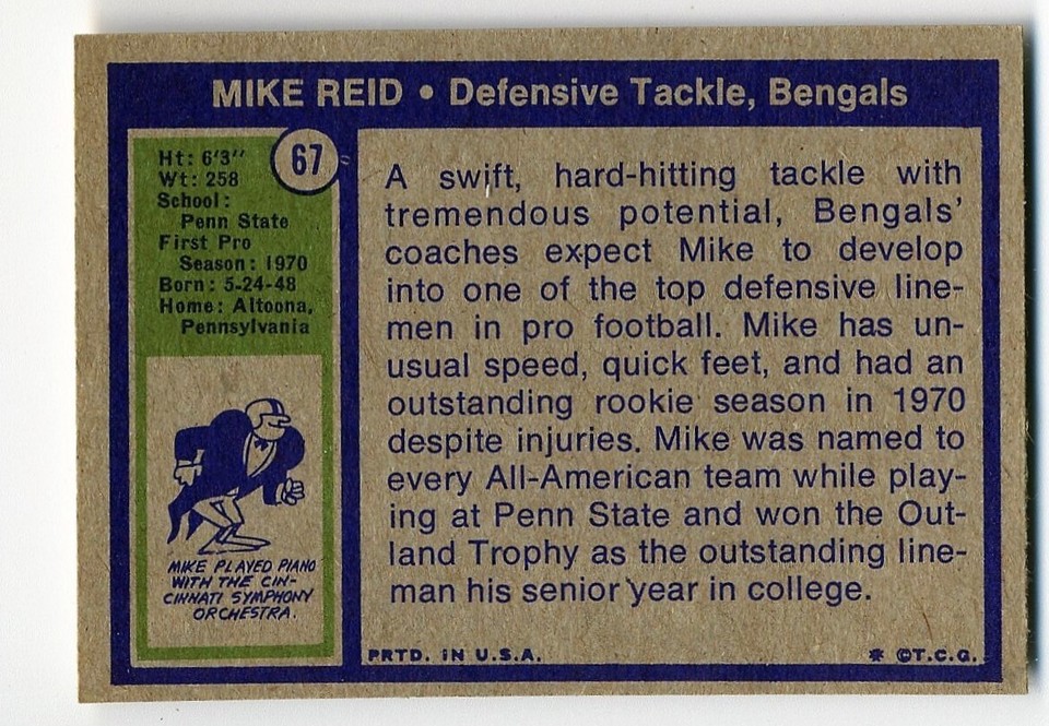 1972 TOPPS CINCINNATI BENGALS MIKE REID #67 EXMT ROOKIE CARD | eBay