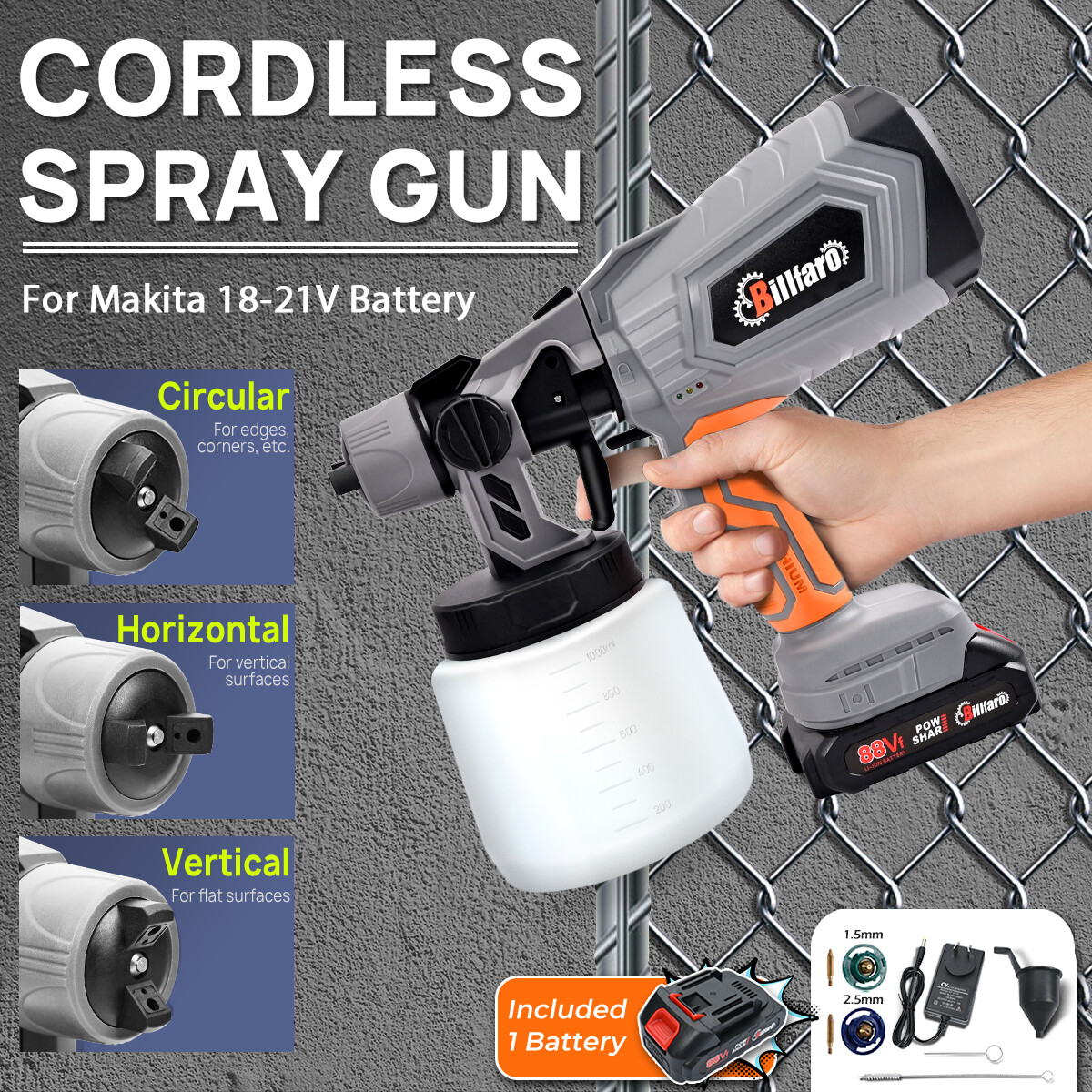 Cordless Paint Sprayer Fence Wall Spray Gun Electric Airless HVLP For ...