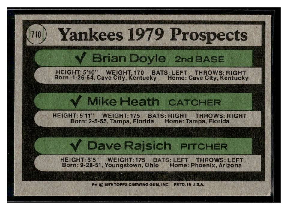 1979 Topps #710 Yankees 1979 Prospects (Brian Doyle / Mike Heath / Dave ...