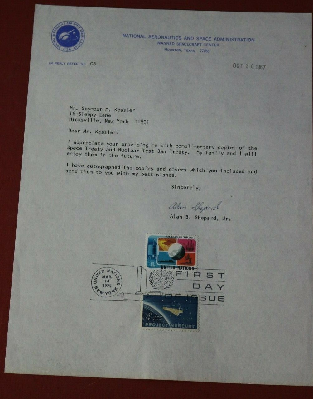 Alan B. Shepard autograph/auto/hand signed NASA letterhead letter Oct ...