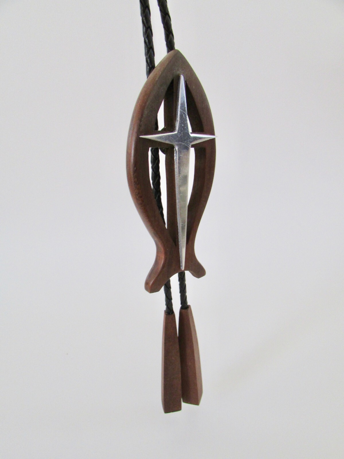 Mid Century Western Bolo Tie Fish & Cross Silver Inla… - Gem