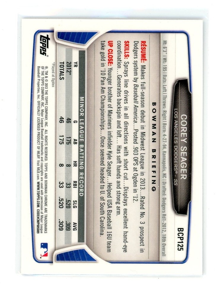 Corey Seager 2013 Bowman Chrome #290 1st Yr Rookie Card RC Dodgers ...