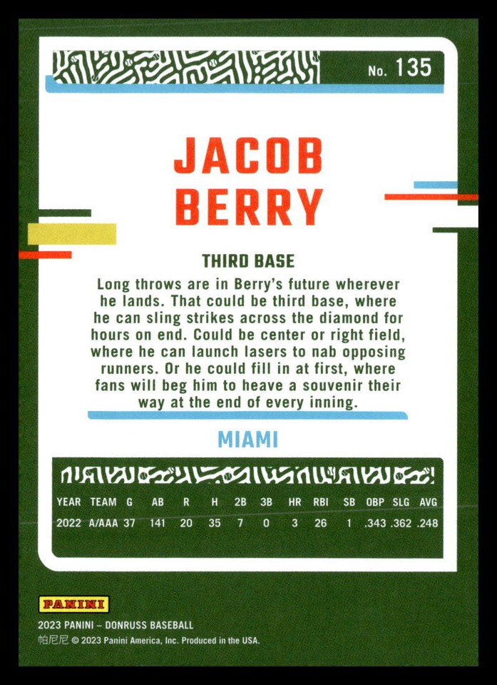 2023 Donruss #135 Jacob Berry Miami Marlins Baseball Card | eBay