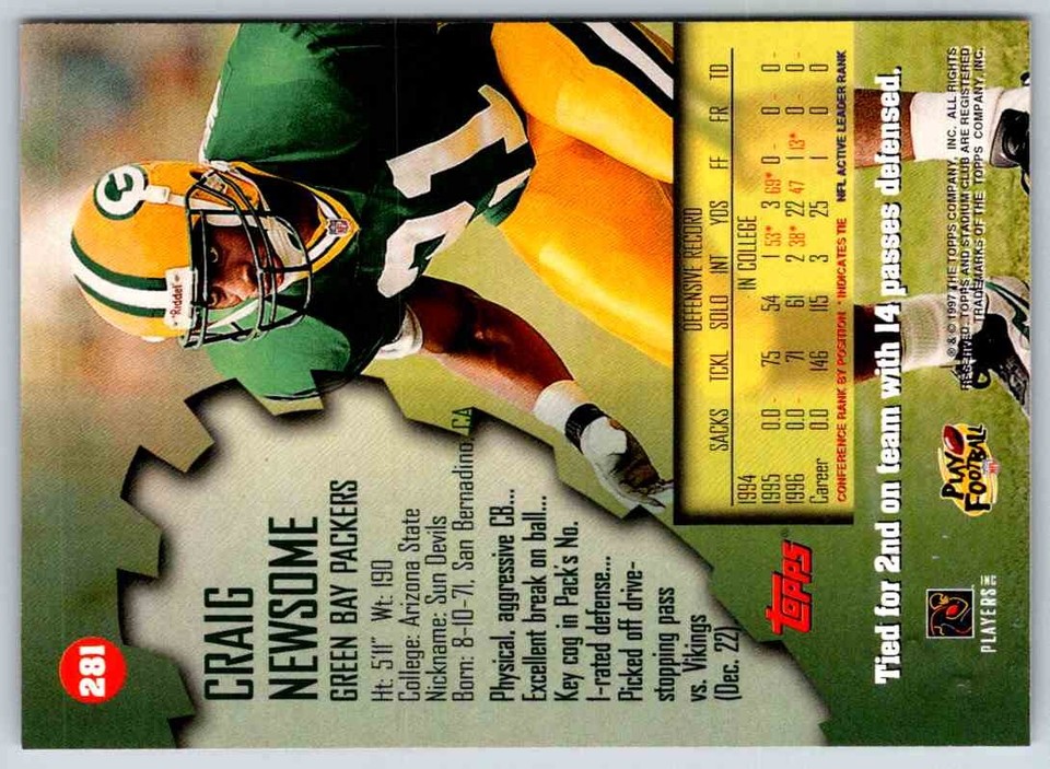 1997 Topps Stadium Club Football Craig Newsome #281 Football Card | eBay
