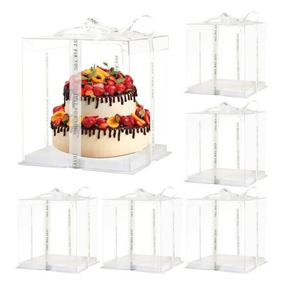 6 Packs Clear Cake Box with Ribbon, 2-Layer Tall Cake Packaging Boxes ...