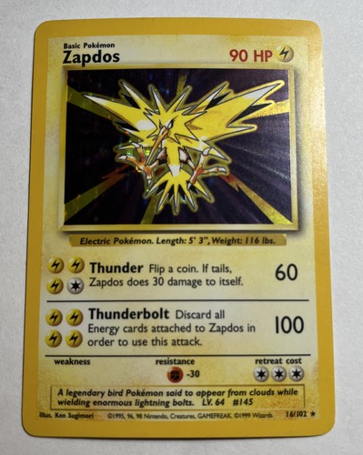 Pokemon Card - Zapdos - Base Set 16/102 Holo Rare 1999 MINT PERFECT ...