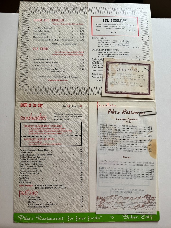 1955 Pike's Restaurant Baker CA Menu- On the Way to Las Vegas | eBay