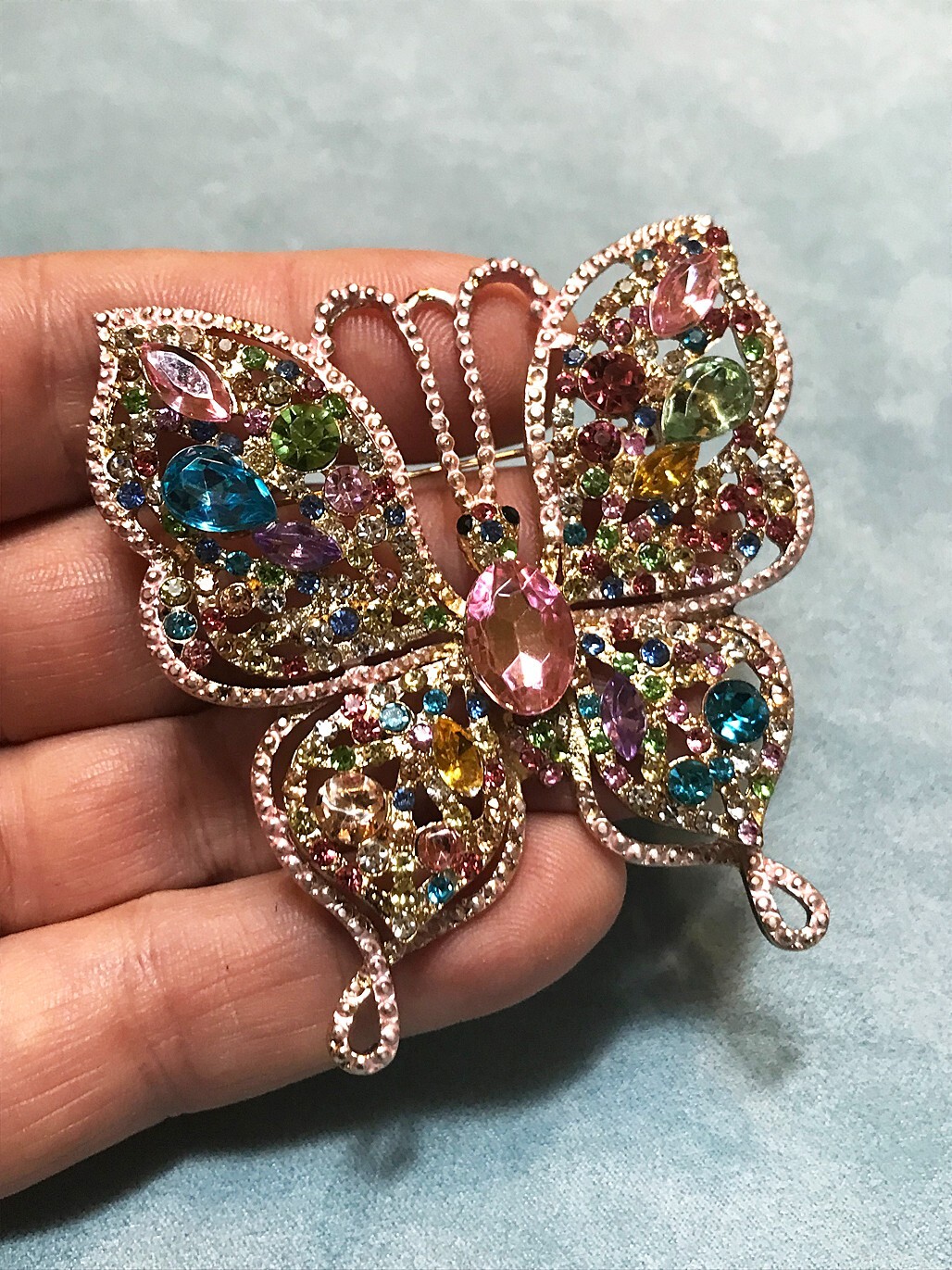 Textured Gold Tone with Pastel Crystals Large Butterf… - Gem