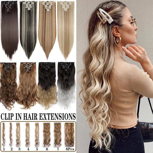 100% Natural Hair Extensions 8 Pieces Real Thick Hair Clip-in FULL HEAD ...