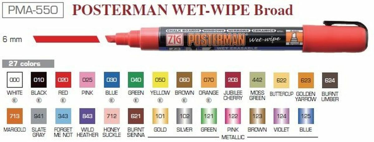 RED Zig Posterman Wet-Wipe Broad Chisel 6mm eRaSaBLe Liquid CHALK ...