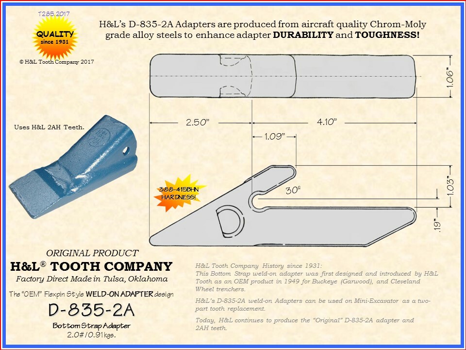 D 835-2AH H&L Tooth Original Weld On Adapter 2A Bucket Teeth Crimped ...