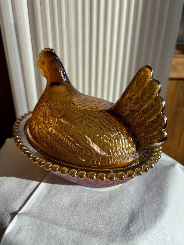 7" Indiana Glass Iridescent Golden Amber Honey Color Hen on Nest | eBay