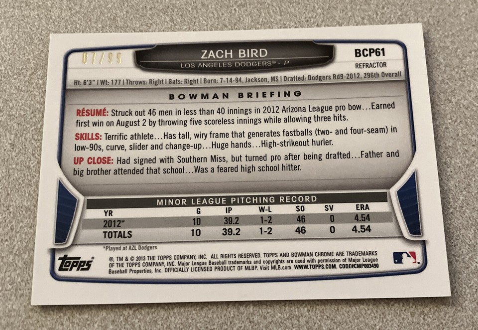 2013 Bowman Chrome Prospects Black Refractor #BCP61 Zach Bird Dodgers ...