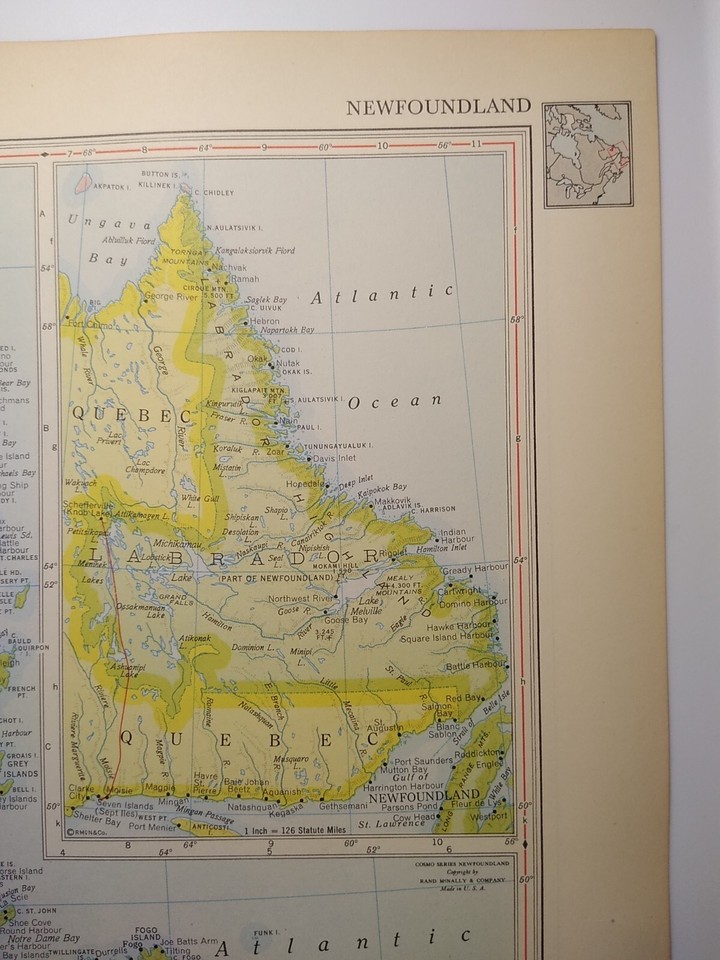1957 Antique NEWFOUNDLAND Atlas Map Vintage Encyclopedia Britannica ...