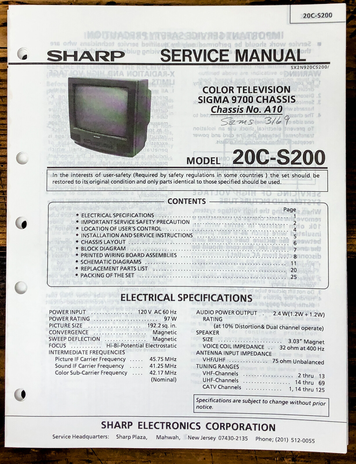 Sharp 20C-S200 TV / Television Service Manual *Original* | eBay