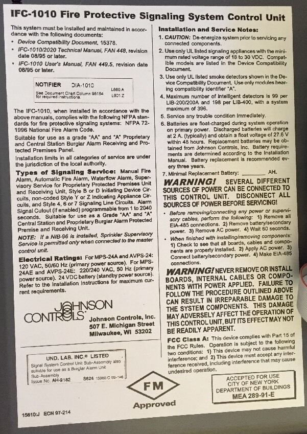 JOHNSON CONTROLS IFC-1010 FIre Alarm Protective Signaling System ...