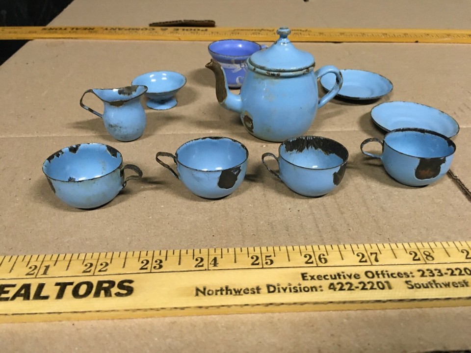 10 Piece Vintage French Blue Enamelware Child's Tea Set + extra one | eBay