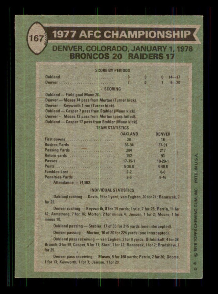 1978 Football Topps 1977 AFC Championship CCG Broncos/Raiders #167 | eBay