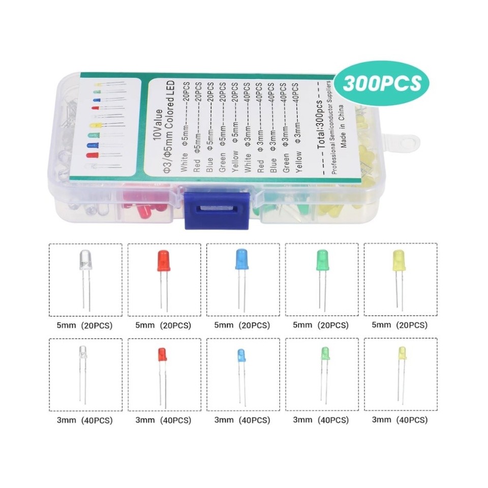 3mm 5mm LED Assortment Kit 300pcs White Yellow Red Blue Green for Basic ...