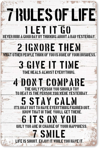 Inspirational Quote Metal Tin Sign Wall Decor - 7 Rules of Life ...