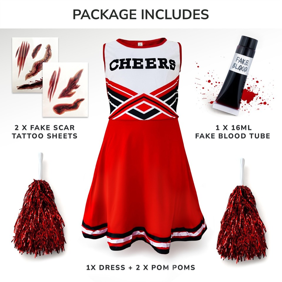Childrens Kids Zombie Cheerleader Fancy Dress Costume & Blood Halloween ...