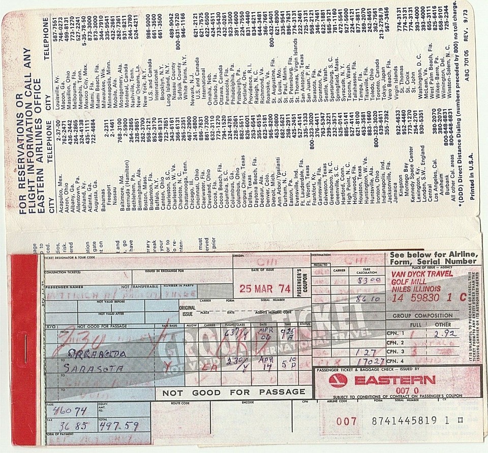 Walt Disney World Magic Kingdom Eastern Airlines Plane Ticket Sleeve ...
