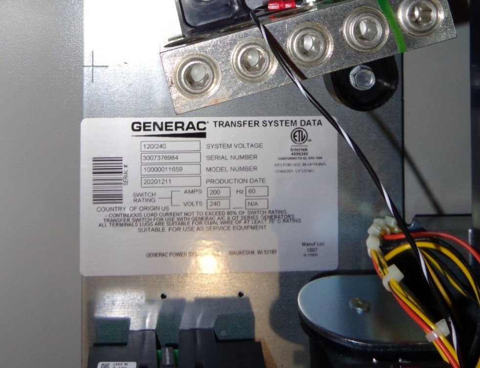 Generac RXSW200A3 200 amp auto Transfer Switch Service Rated 240 volt ...