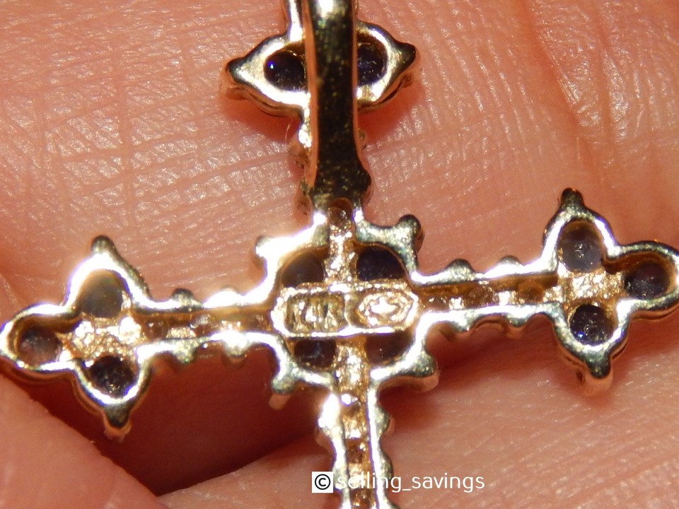 14K YELLOW GOLD DIAMOND & SAPPHIRE 1.1 INCH CROSS CRUCIFIX NECKLACE ...