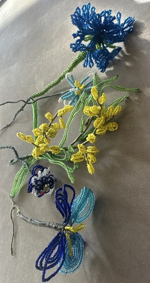 Vintage French Seed Bead Flowers Handmade Stems Blue And Yellow | eBay