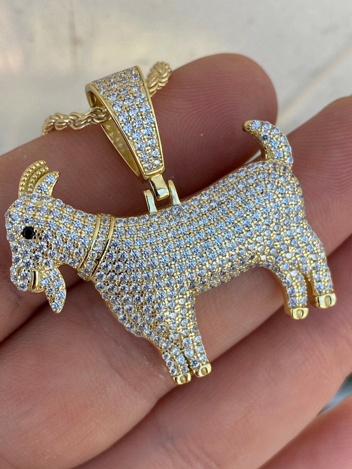 Real Solid 925 Sterling Silver GOAT Pendant Bling Necklace Iced Gold ...