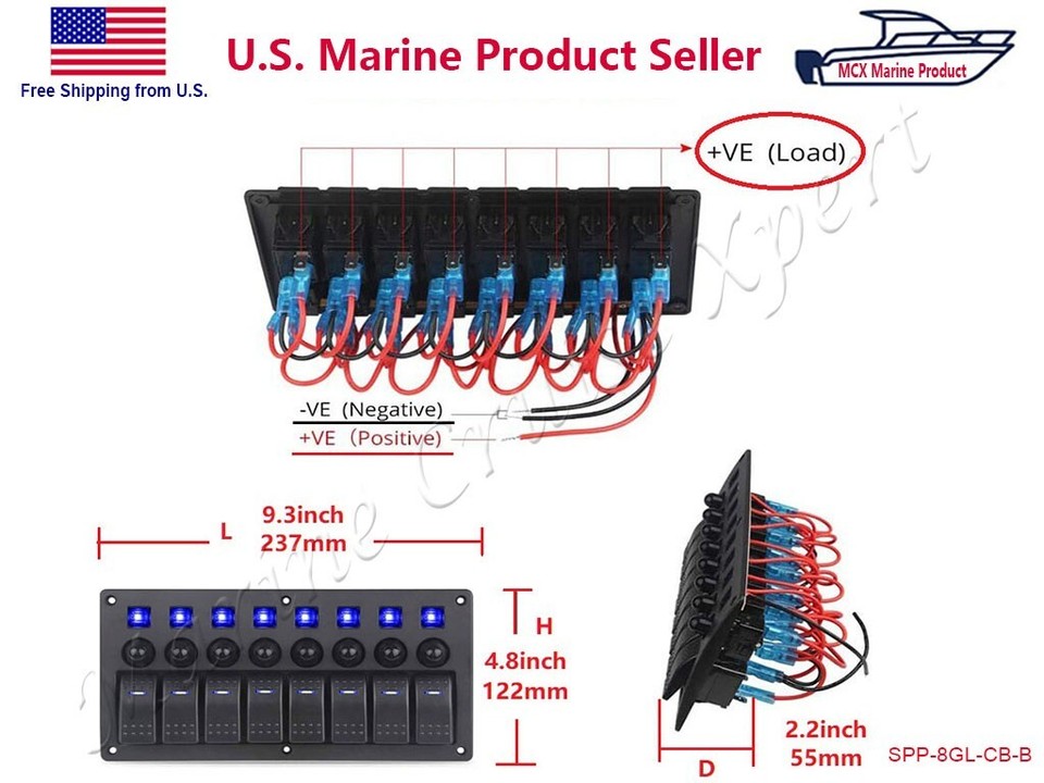 8 Gang Toggle Rocker Switch Panel Circuit Breaker Boat Marine RV Truck ...